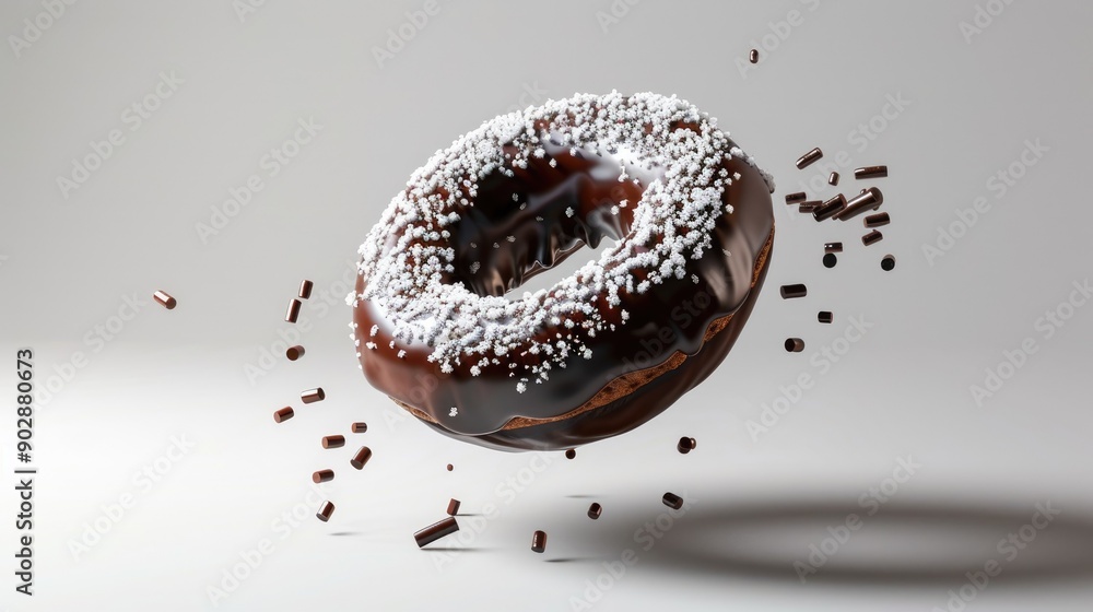 Floating 3D rendering of a chocolate donut with icing and sugar ...