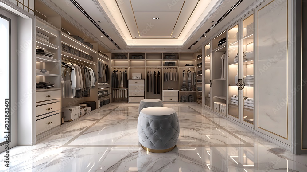 Interior classic style of walk in closet white marble floor tile and ...