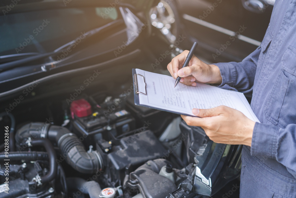 Auto check, car service shop concept. Automobile repairman writing job ...