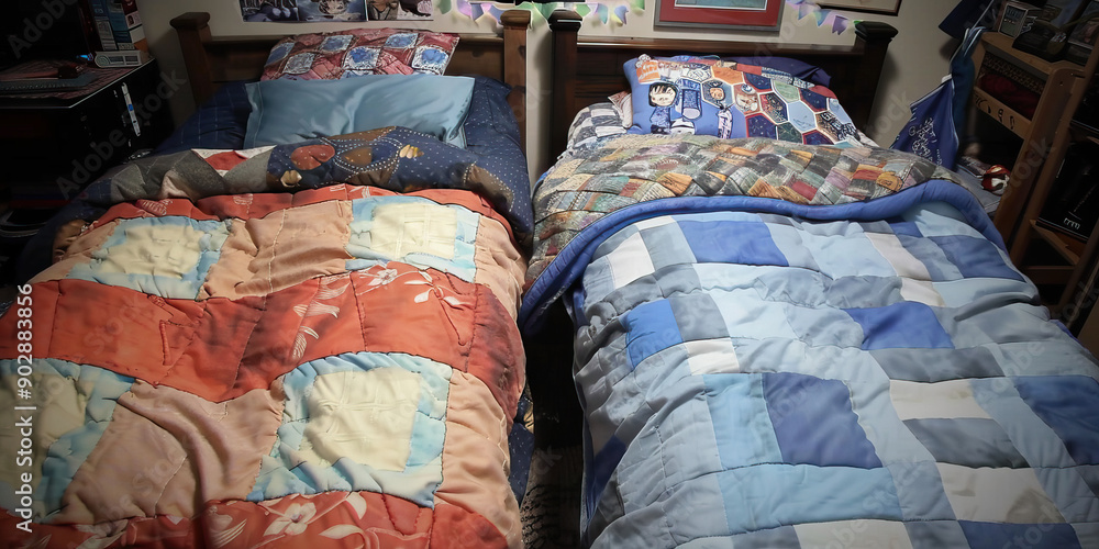 Slumber Party Symmetry: Two twin beds, facing each other, both with ...