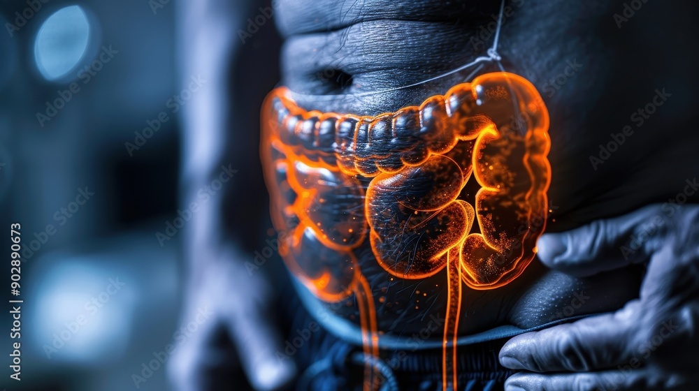 This image depicts a human abdomen with illuminated intestines ...