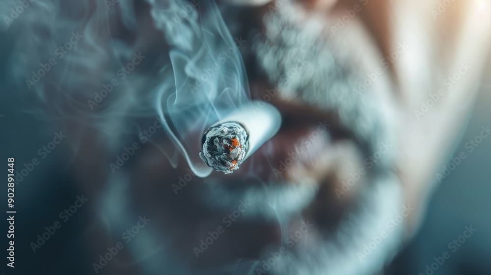 Detailed shot of a person smoking with focus on the burning cigarette ...