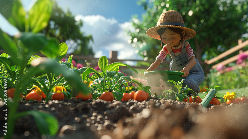 A gardener fertilizing plants in a community garden. Animated character ...
