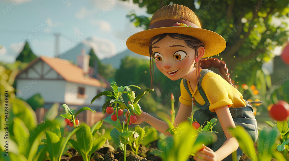 A gardener fertilizing plants in a community garden. Animated character ...