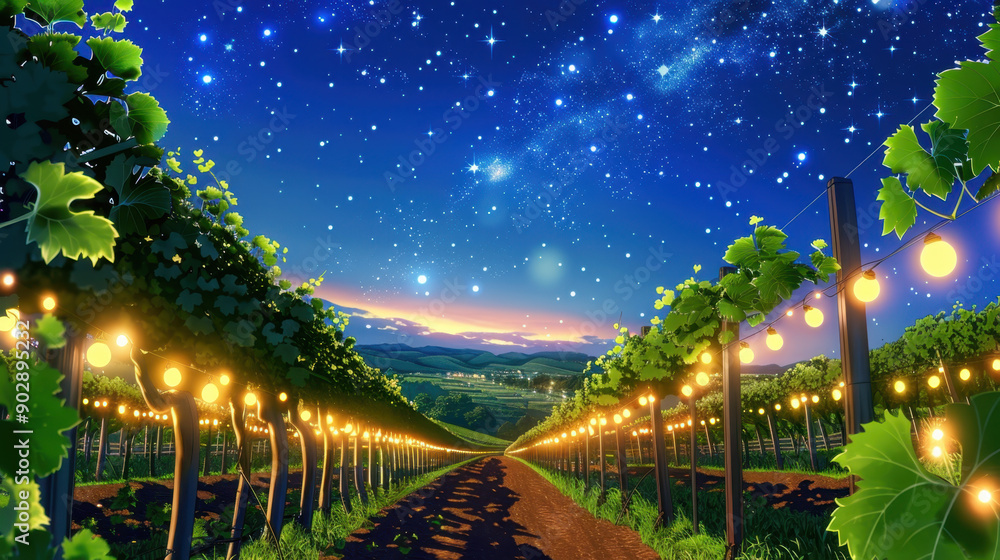 Serene vineyard pathway illuminated by decorative lights under a ...