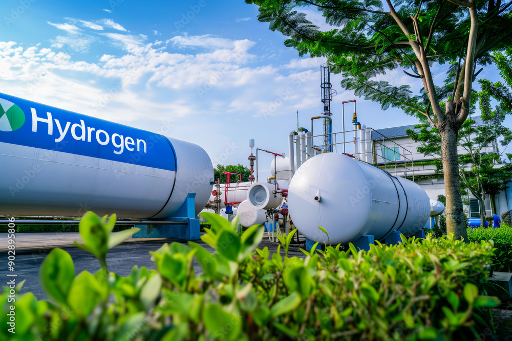 Production green hydrogen background. H2 gas fuel in industrial storage ...