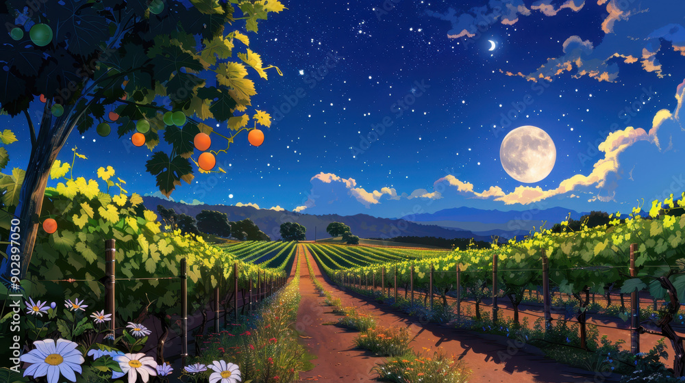 Serene vineyard landscape at night with a full moon, starry sky, lush ...