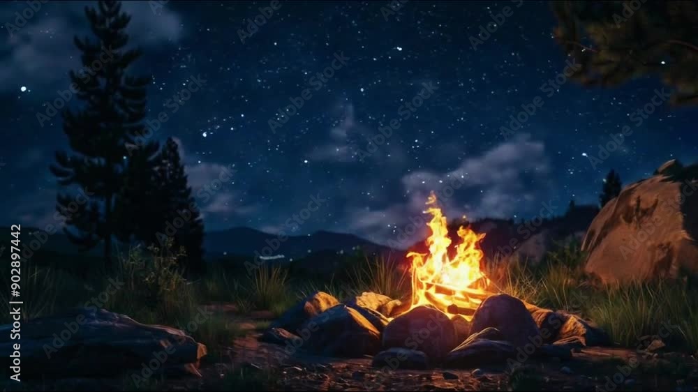 Campfire Under a Starry Night Sky. A warm campfire burns brightly in ...