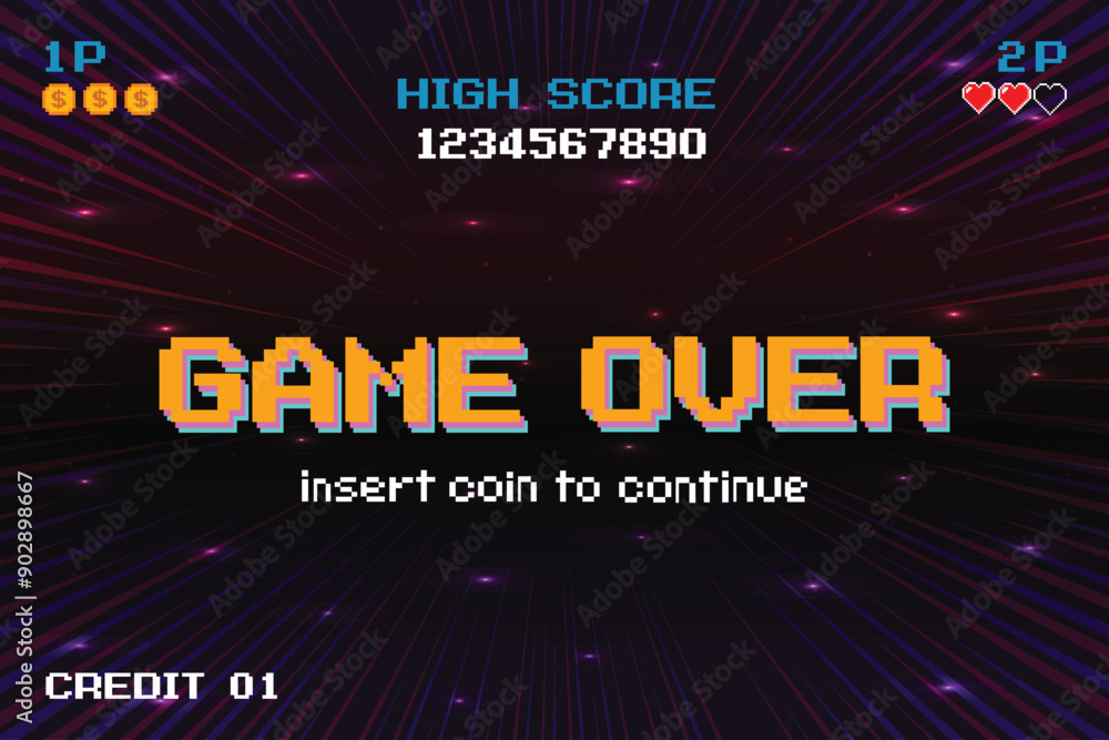 GAME OVER INSERT A COIN TO CONTINUE .pixel art .8 bit game. retro game ...