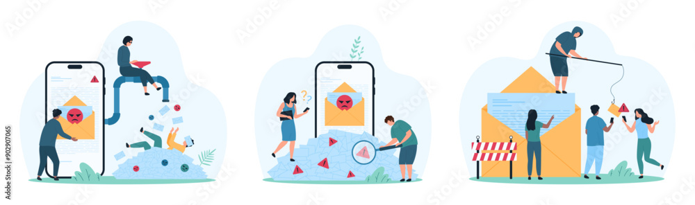 Spam notifications overload set. Tiny people with magnifying glass study mail letters from spam ...