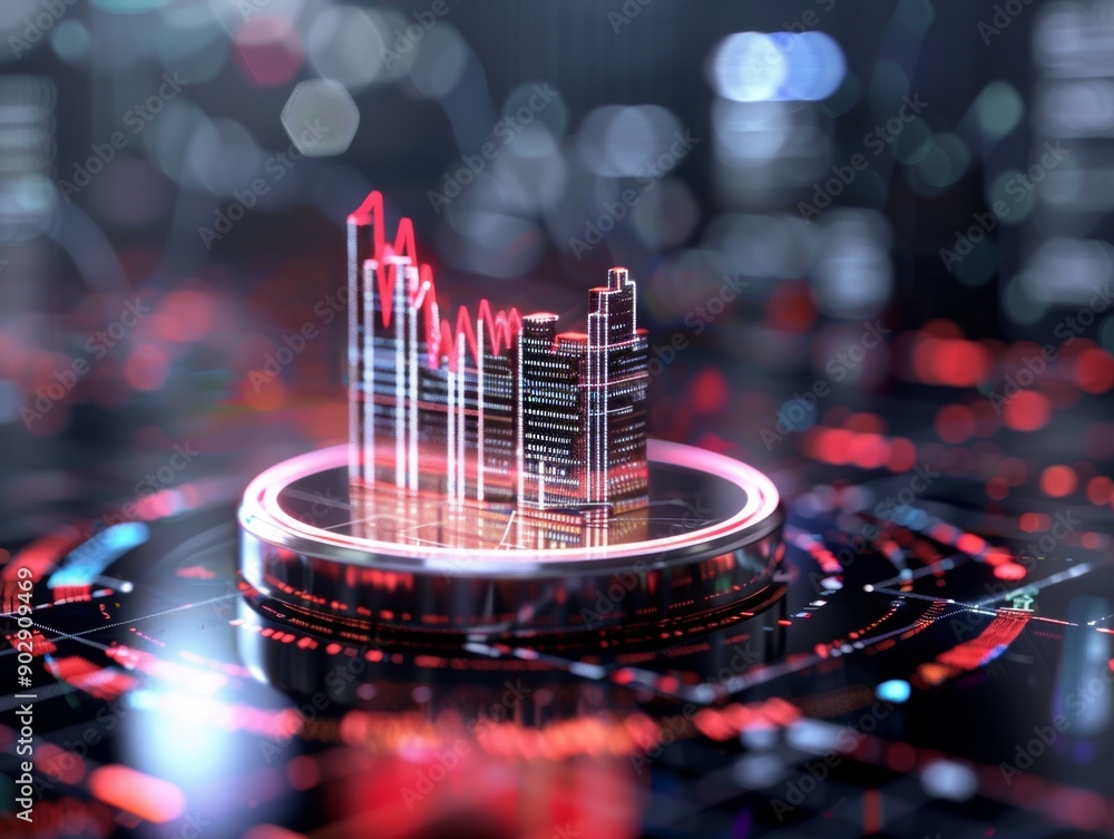 Holographic stock price drop, virtual business decline, futuristic ...
