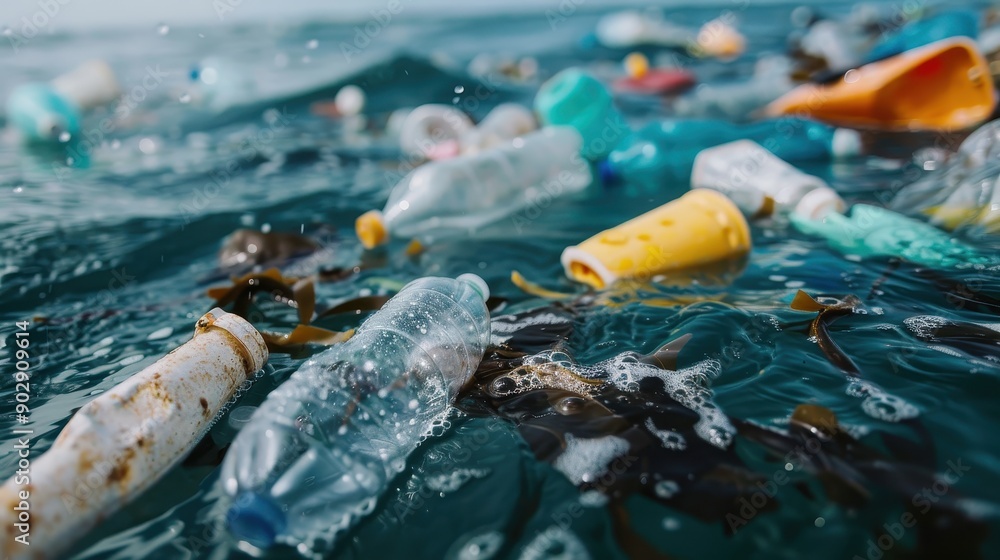 This image captures a vast ocean polluted with various plastic waste ...
