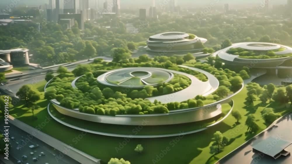 Futuristic Green Building with Circular Design and Rooftop Gardens ...