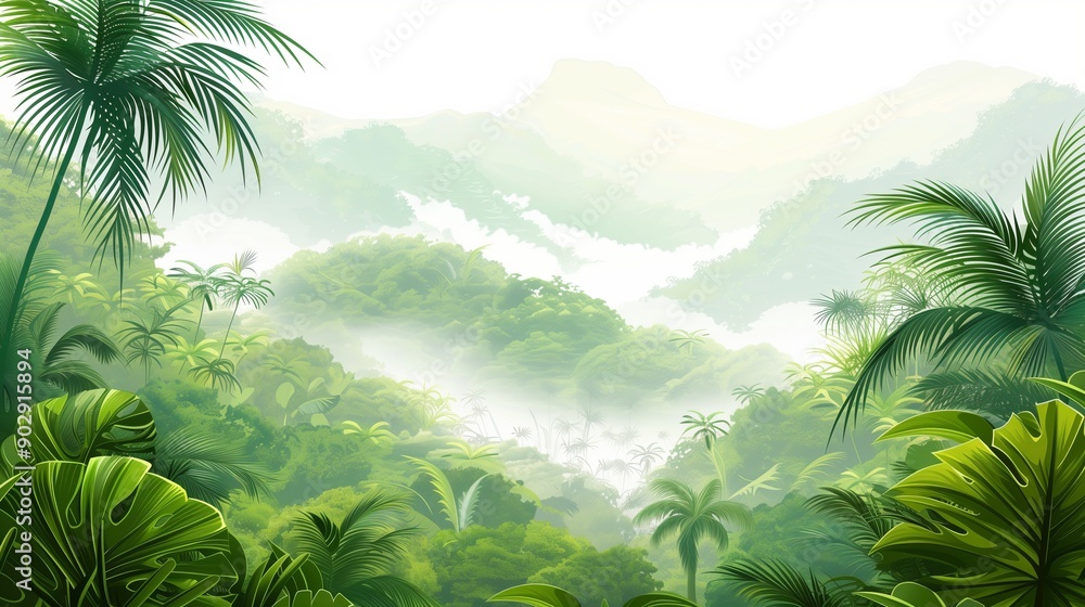 Paesaggio lussureggiante di foresta tropicale verde con montagne ...