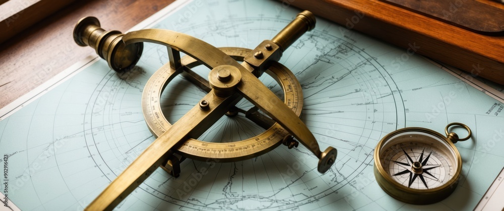 A vintage compass and astrolabe on a nautical map, symbolizing ...