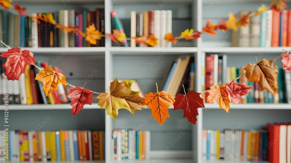 Autumnthemed classroom with bookshelves full of educational materials ...
