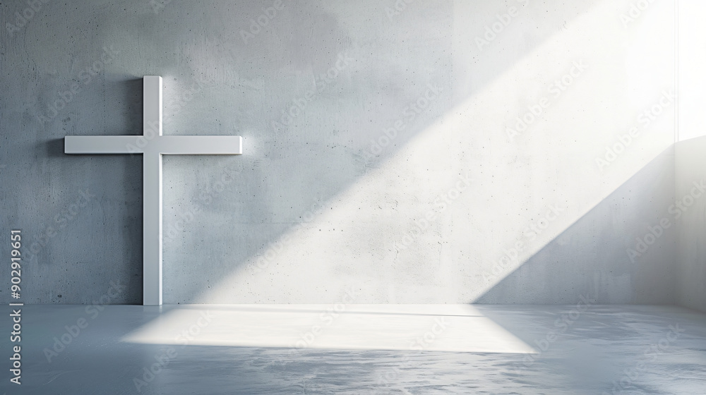 Sunbeam casting shadow on white cross in empty room with concrete wall ...