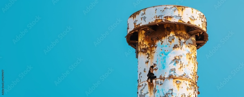 Rusty industrial chimney against a clear blue sky, showcasing weathered ...
