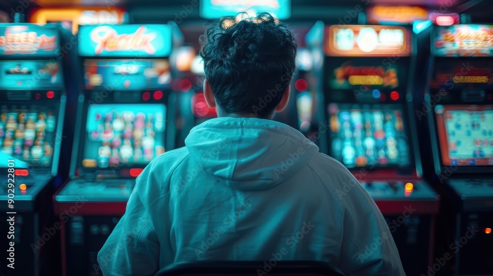 A person enjoys playing arcade games in a vibrant, neon-lit room ...
