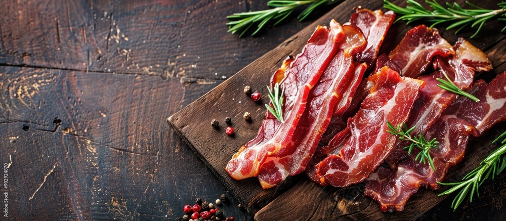 Fresh bacon strips displayed on a rustic table with a top view creating ...