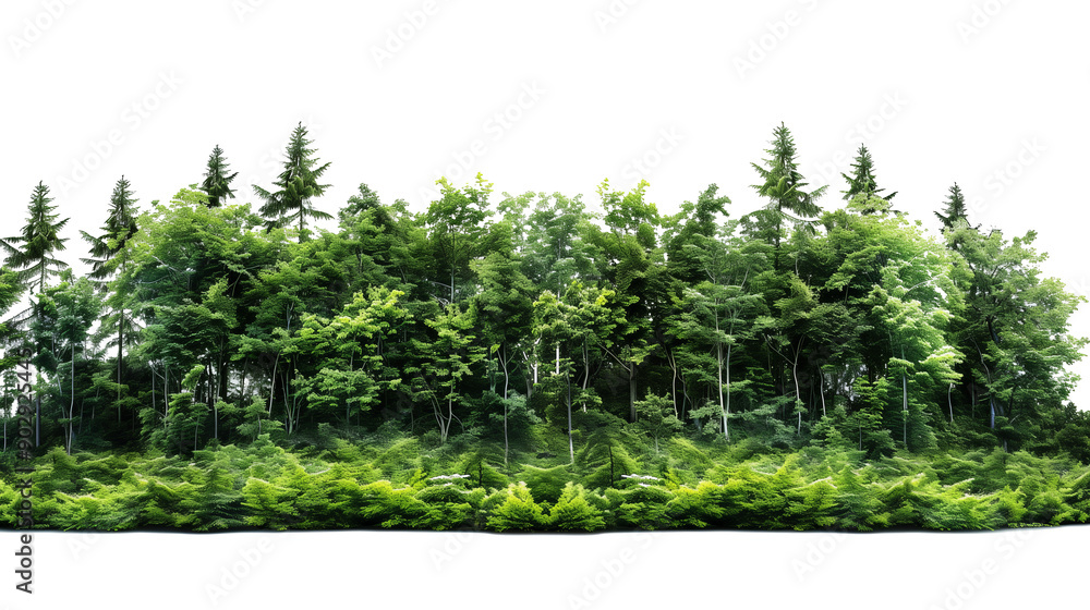 una foresta lussureggiante con una varietà di alberi e piante verdi. La ...