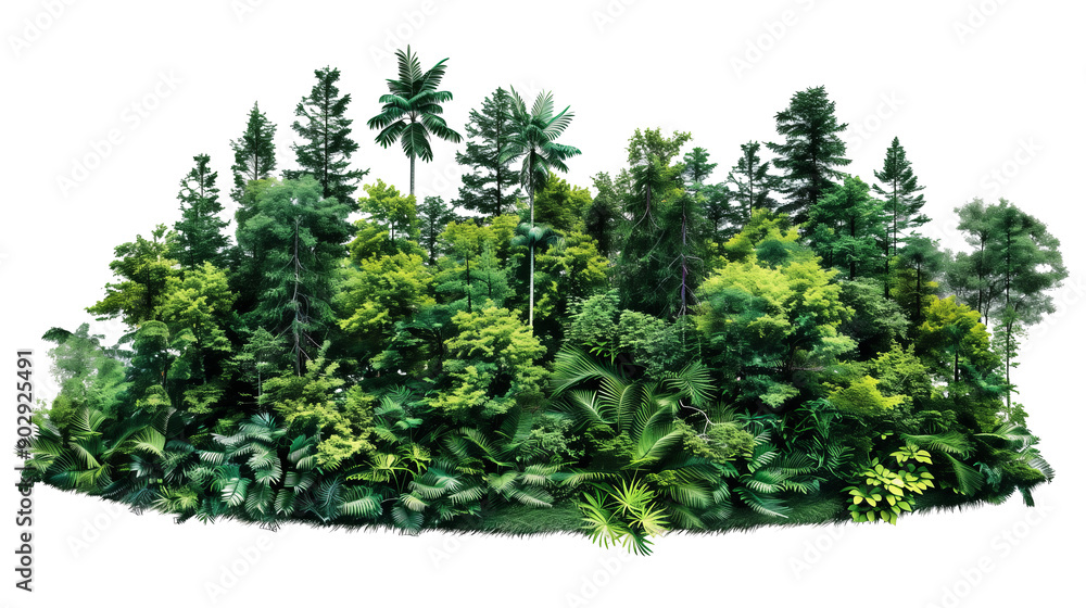 una foresta lussureggiante con una varietà di alberi e piante verdi. La ...