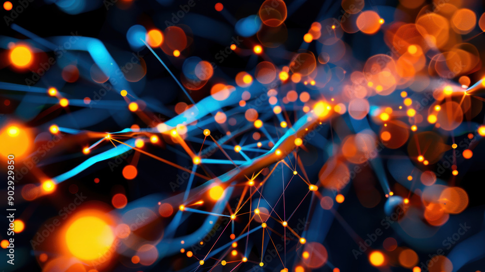 Abstract digital background with vibrant orange and blue glowing lights ...