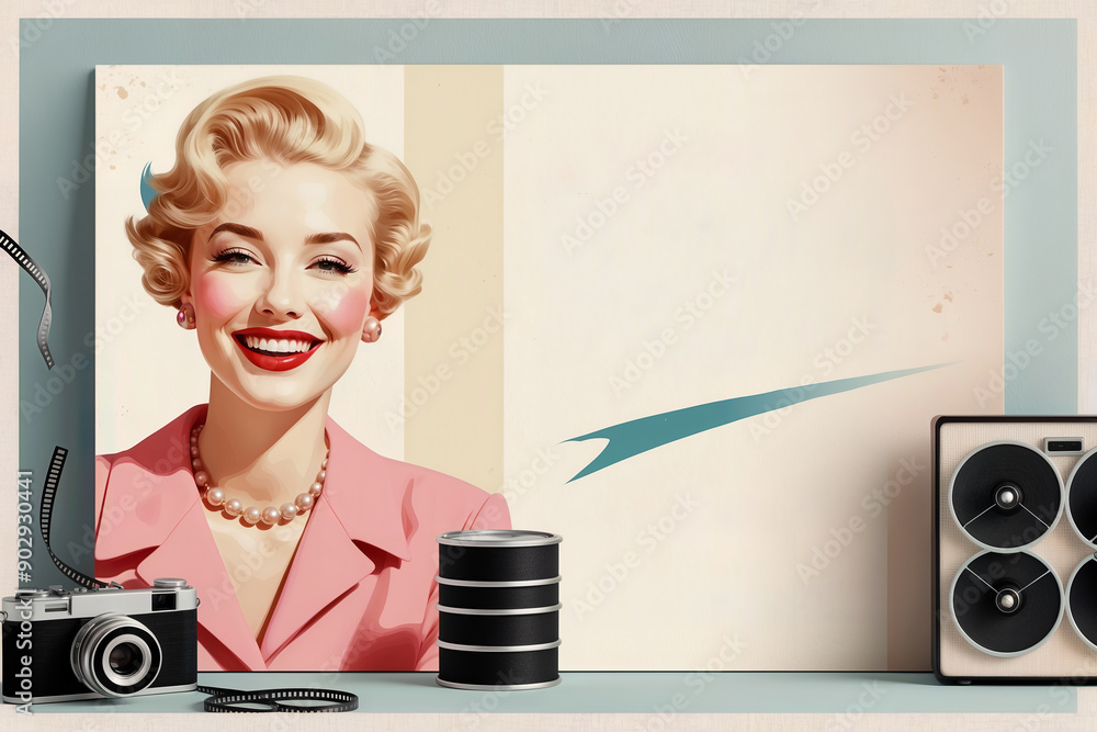 Stylized 1950s blonde woman portrait with vintage cameras and film ...