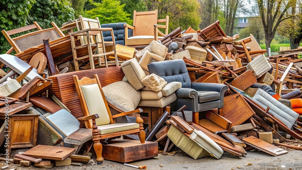 Pile of comically broken furniture pieces in a trash heap , funny ...