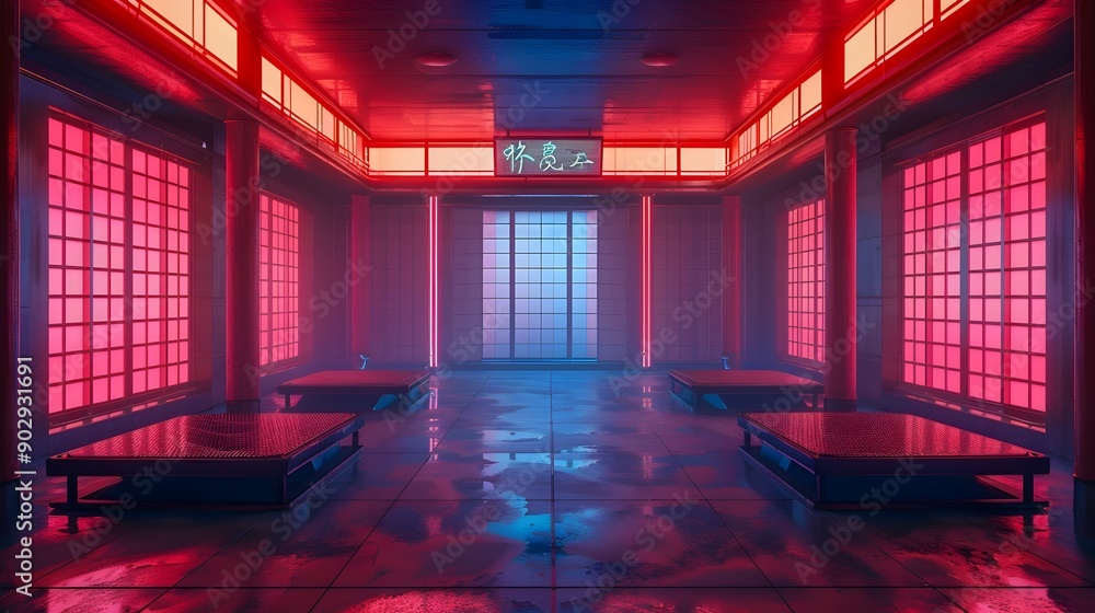 Futuristic Dojo with Neon Lit Cyber Environment for Martial Arts ...