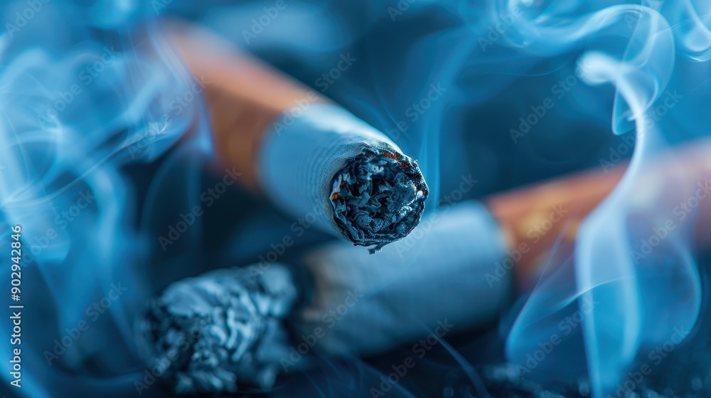 An artistic close-up photograph of burning cigarettes with visible ...