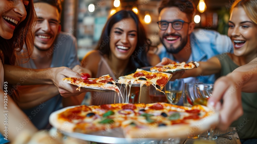 Fat friends having a pizza party, slices in hand and laughter all ...