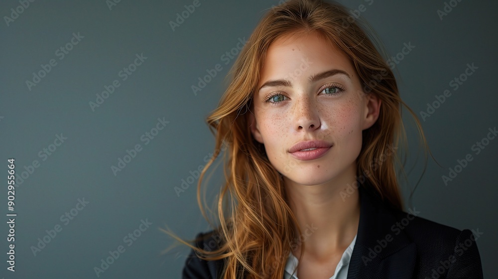 Confident Gaze: A young professional woman with flowing red hair and ...