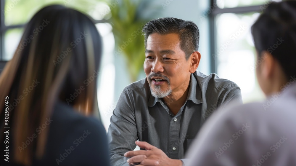 An Asian man conducting an interview with new employees in a ...