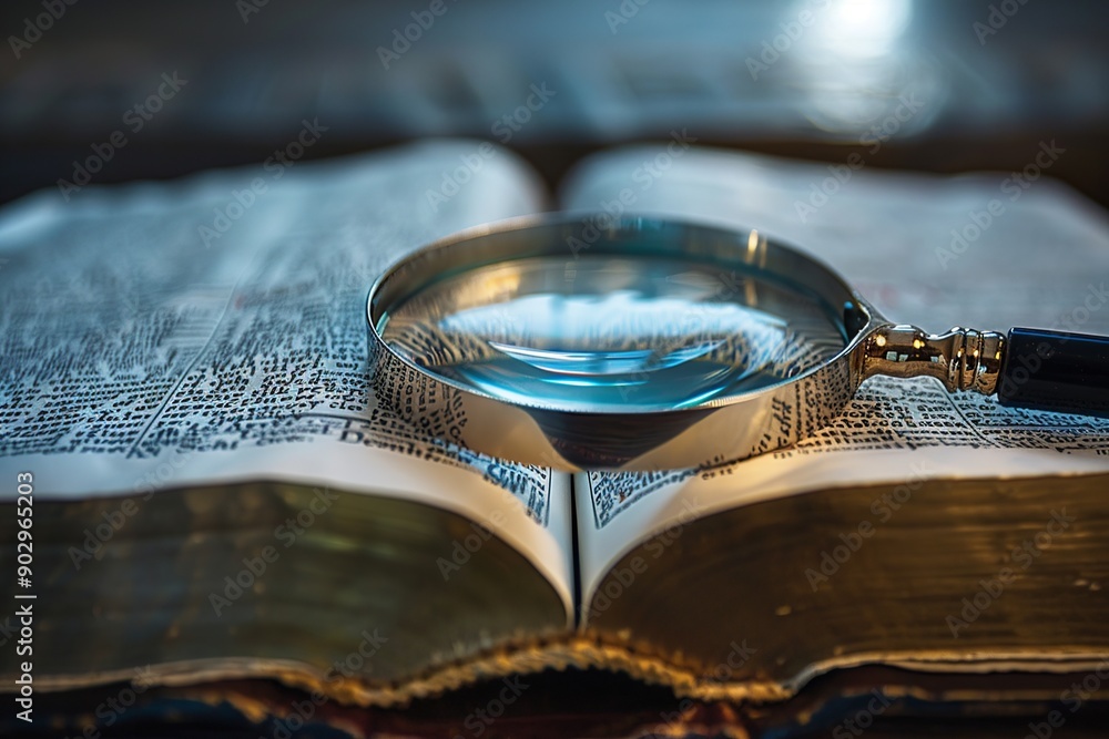 This detailed photograph features a crystal clear magnifying glass ...
