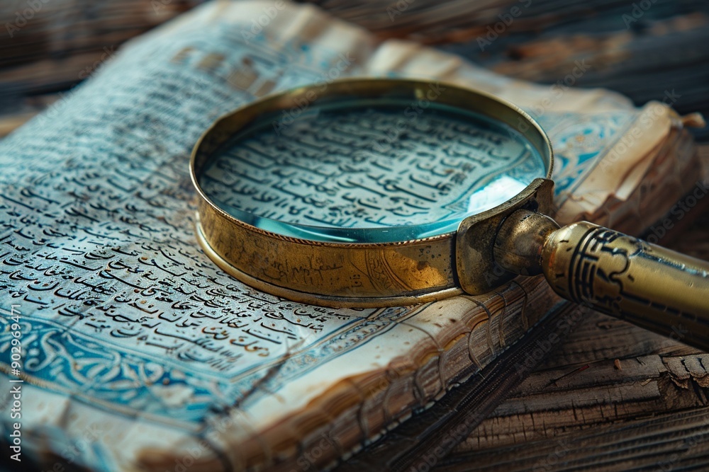 This detailed photograph features a crystal clear magnifying glass ...