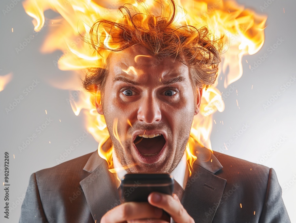 Homem com cabeça pegando fogo em uma imagem que fala de estresse, raiva ...