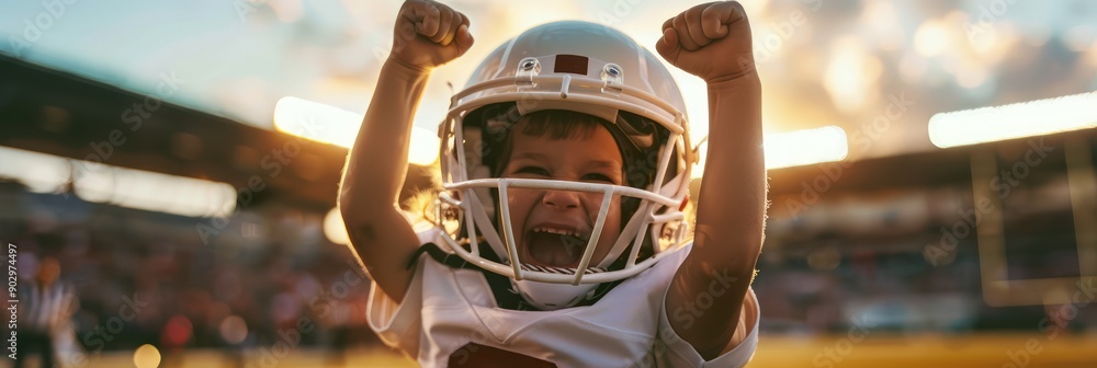 Young child celebrates victory in vibrant stadium surrounded by ...