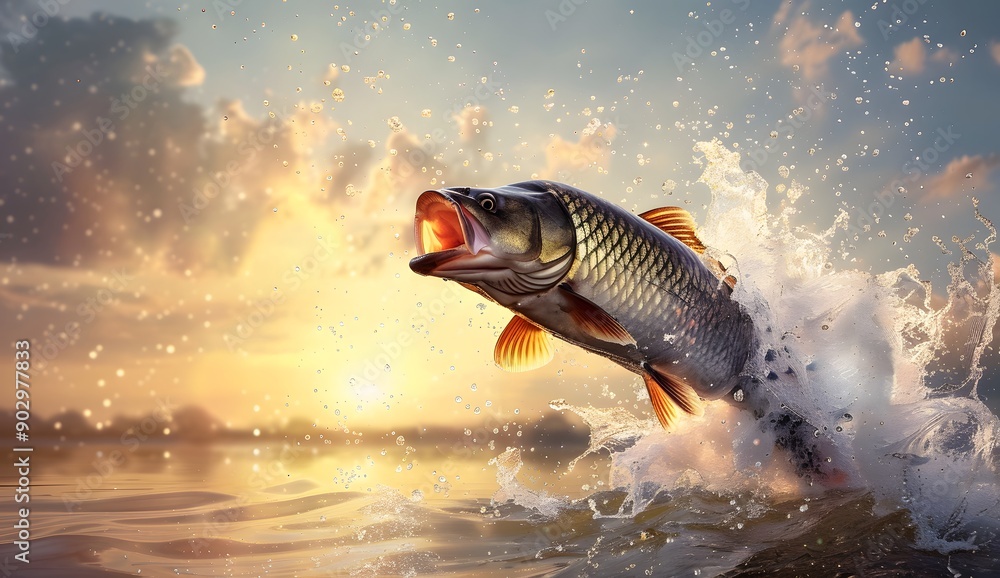 Beautiful big pike carp fish jumping out of the water with splashes ...
