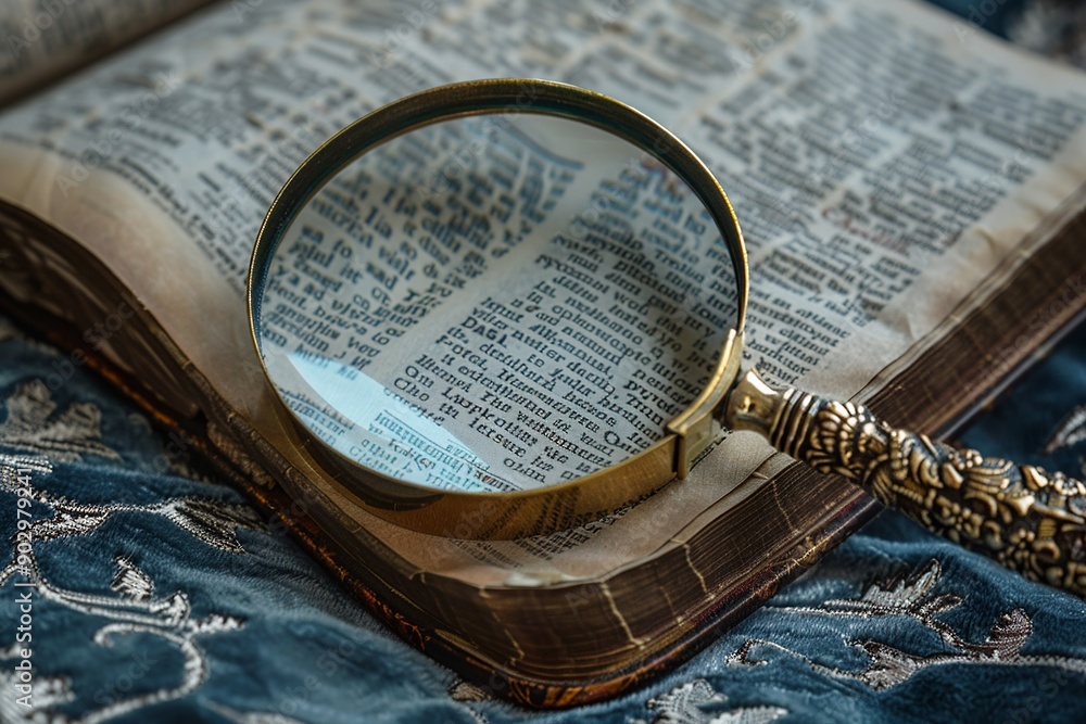 This detailed photograph features a crystal clear magnifying glass ...