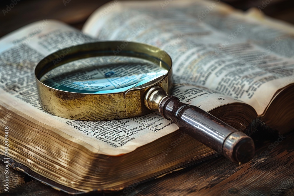 This detailed photograph features a crystal clear magnifying glass ...