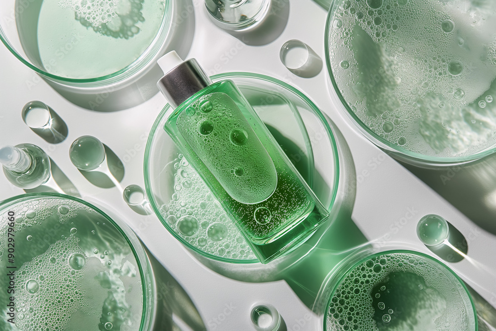 Frosted glass pastel green hair serum bottle on petri dishes with clear ...
