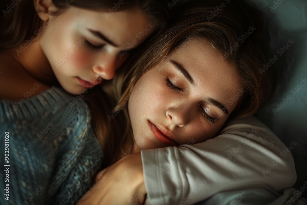 Foto de Worried mom comforting depressed crying teen daughter, mother ...
