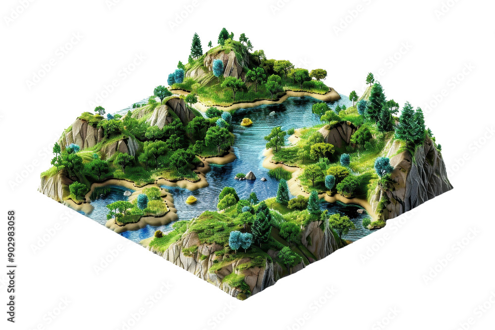 3d Isometric Landscape Illustration Featuring A Vibrant Lush Environment With Water Bodies