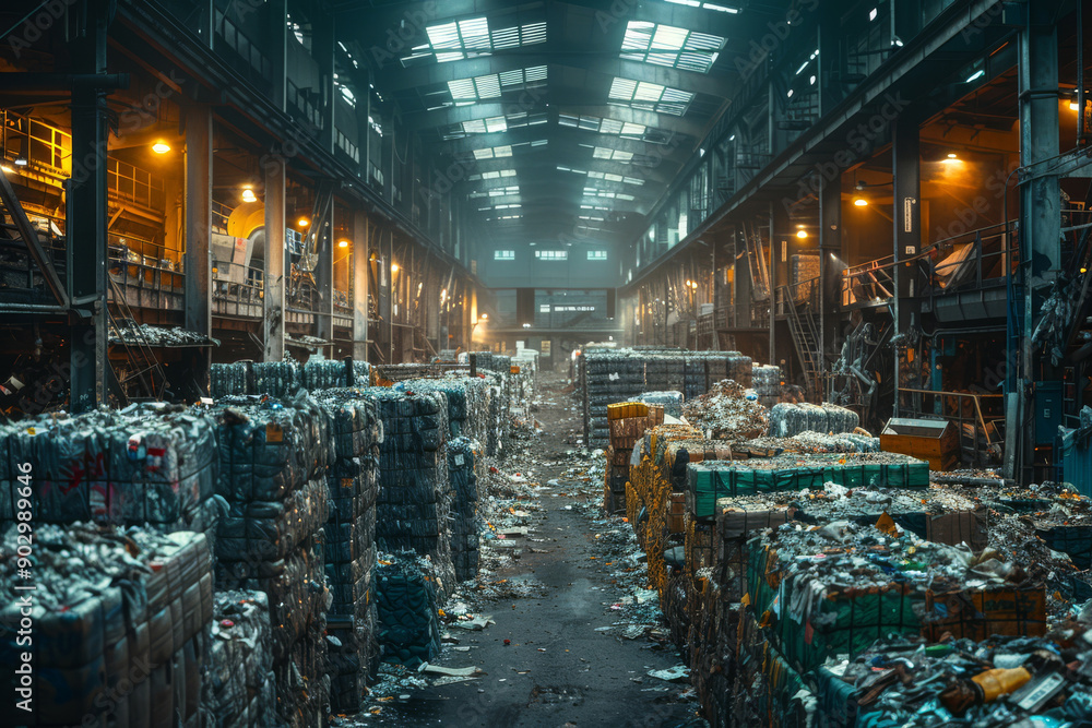 A bustling recycling facility filled with towering piles of unsorted ...