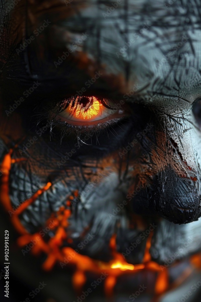 Scary man with burned face and glowing eyes looking out from fire Stock ...