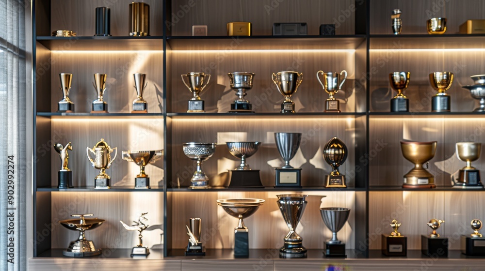 Multiple trophies of different sizes and styles are meticulously ...