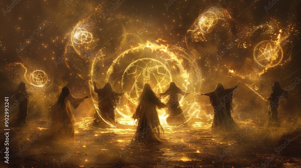 A group of wizards performing a complex ritual with magical energy ...