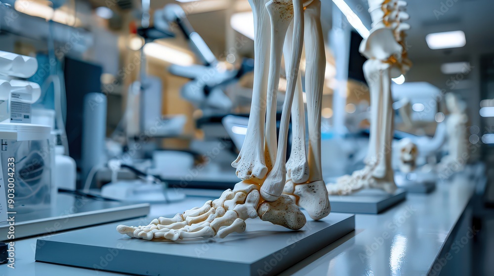 Anatomical models of the human foot and leg bones displayed in a ...
