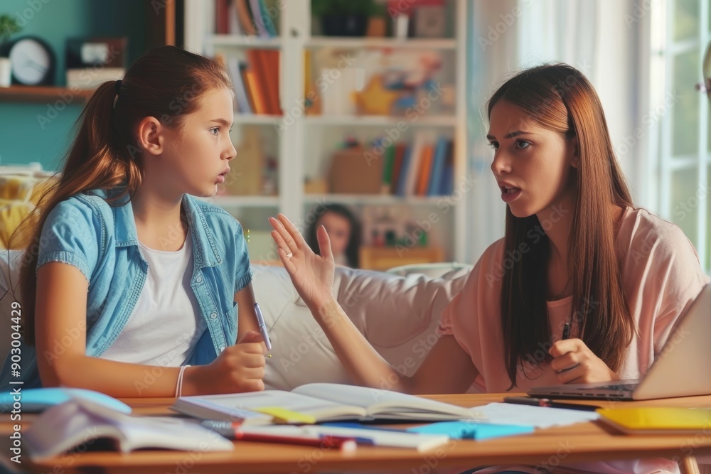Angry mother scolding teen daughter for bad school results at home, mom ...